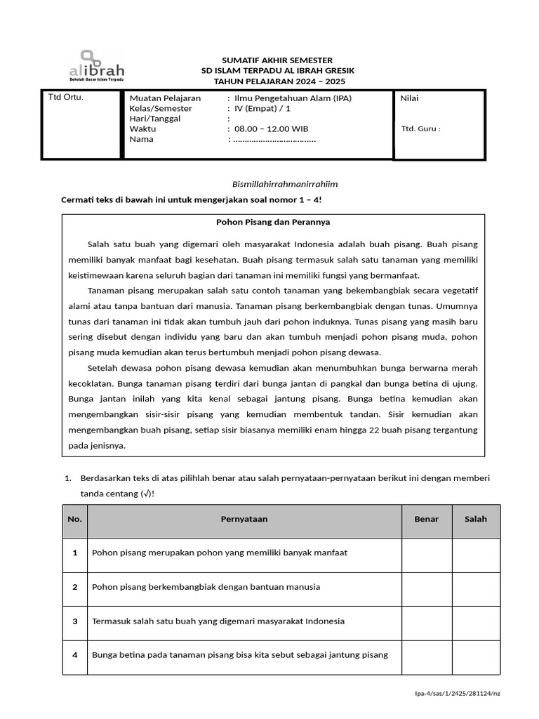 SOal IPA Kelas 4 Sem 1 2425 | PDF