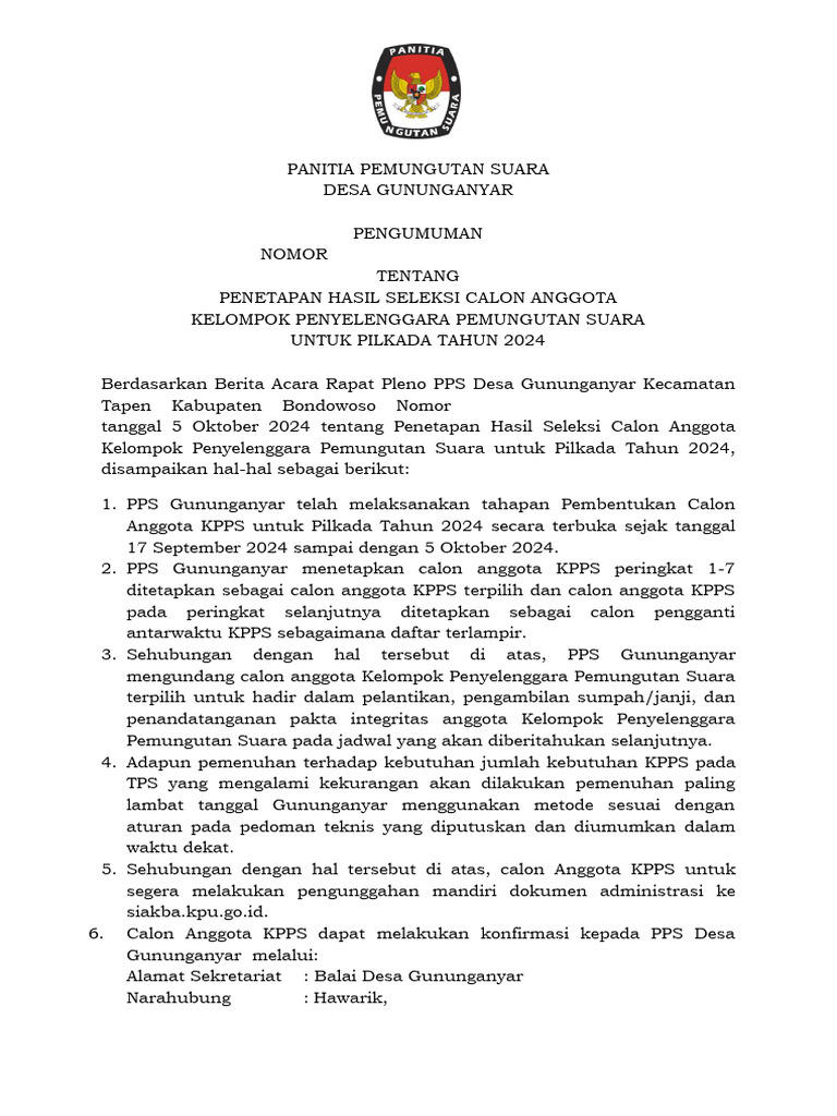 Pengumuman PPS Penetapan Hasil Seleksi KPPS Desa Gununganyar | PDF
