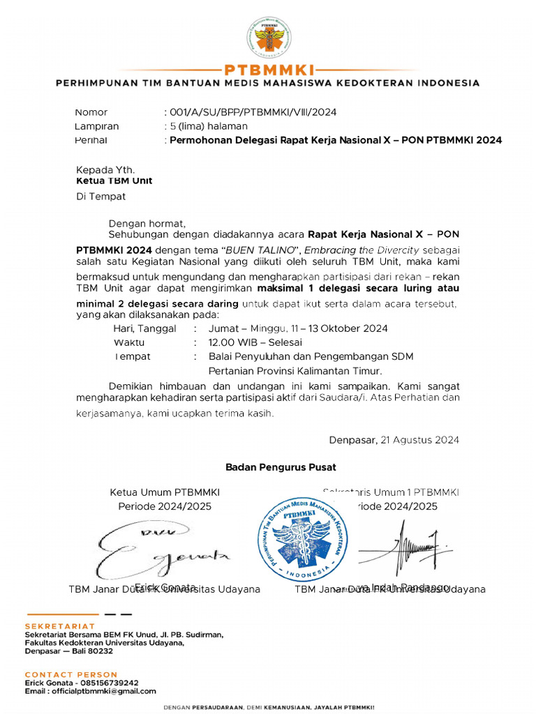 001A Permohonan Delegasi Rapat Kerja Nasional X – PON PTBMMKI 2024 | PDF