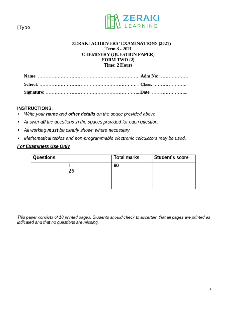 233 Form 2 Question Paper | PDF | Chemical Elements | Chemical Compounds