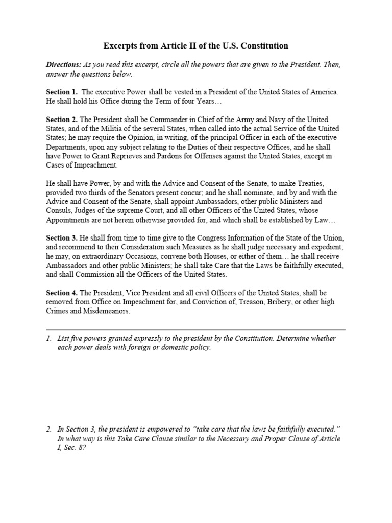Presidential Powers in U.S. Constitution | PDF