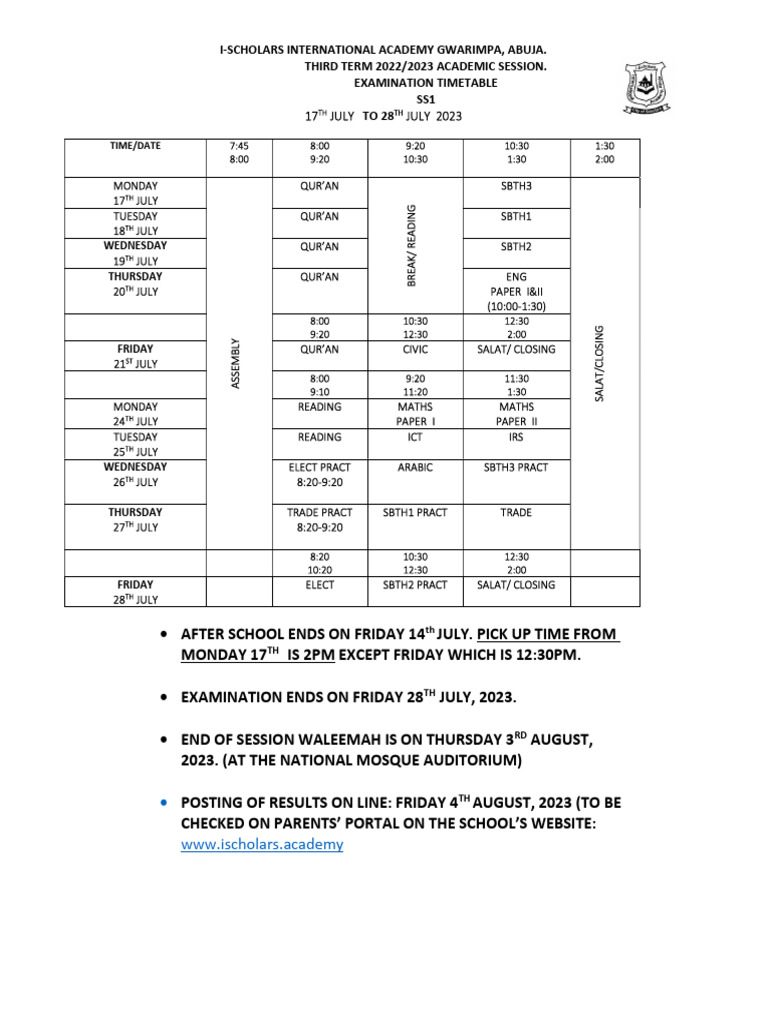 SS 3RD Term Examination Timetable | PDF