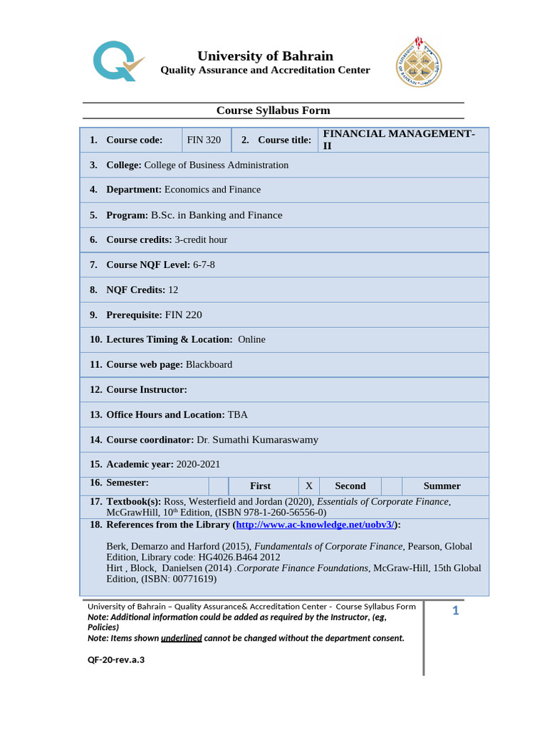 FIN 320 CourseSpecification - SUMATHI KUMARASWAMY | PDF | Capital ...
