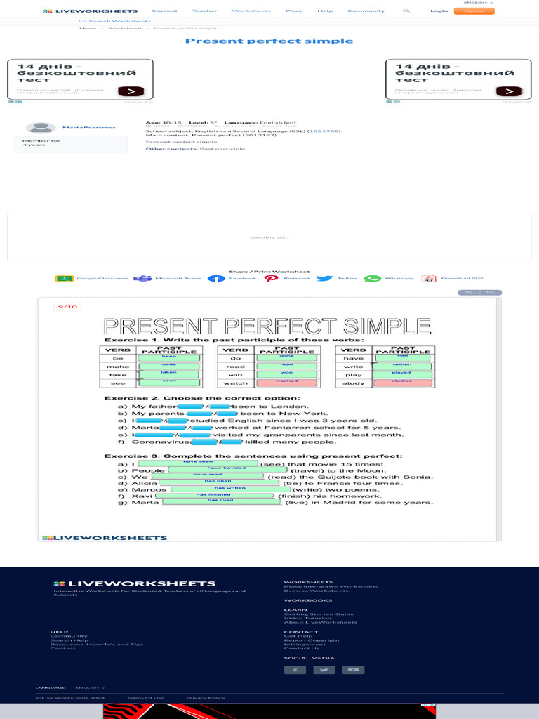Present Perfect Simple Interactive Exercise Live Worksheets | PDF ...