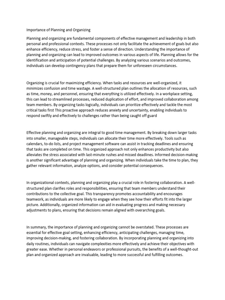 Importance of Planning and Organizing Essay Topic No. 1.7.1 | PDF ...