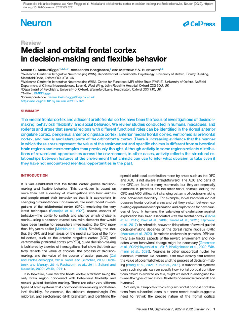 Medial And Orbital Frontal Cortex In Decision Making And Flexible Behavior Pdf Anterior