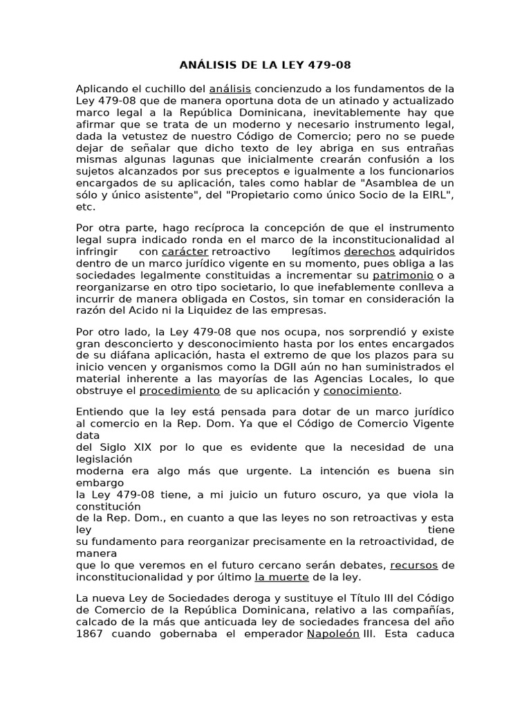 Análisis Crítico Ley 479-08 RD | PDF | Sociedad de responsabilidad ...