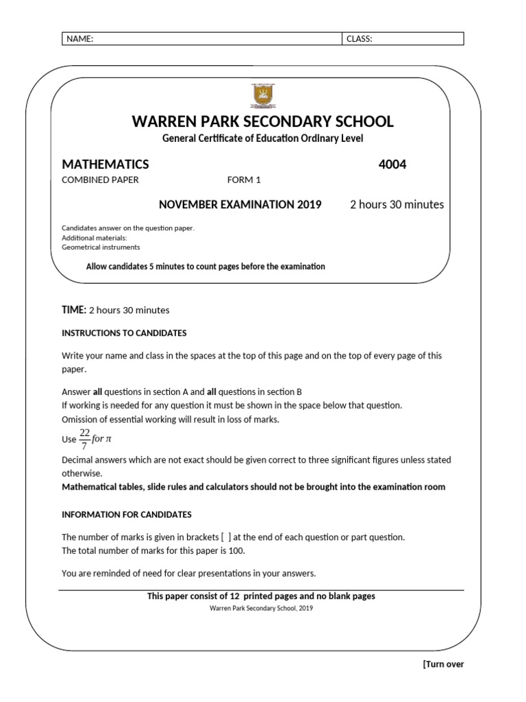 Form 1 Paper End of Year 2019-1 | PDF | Numbers | Significant Figures
