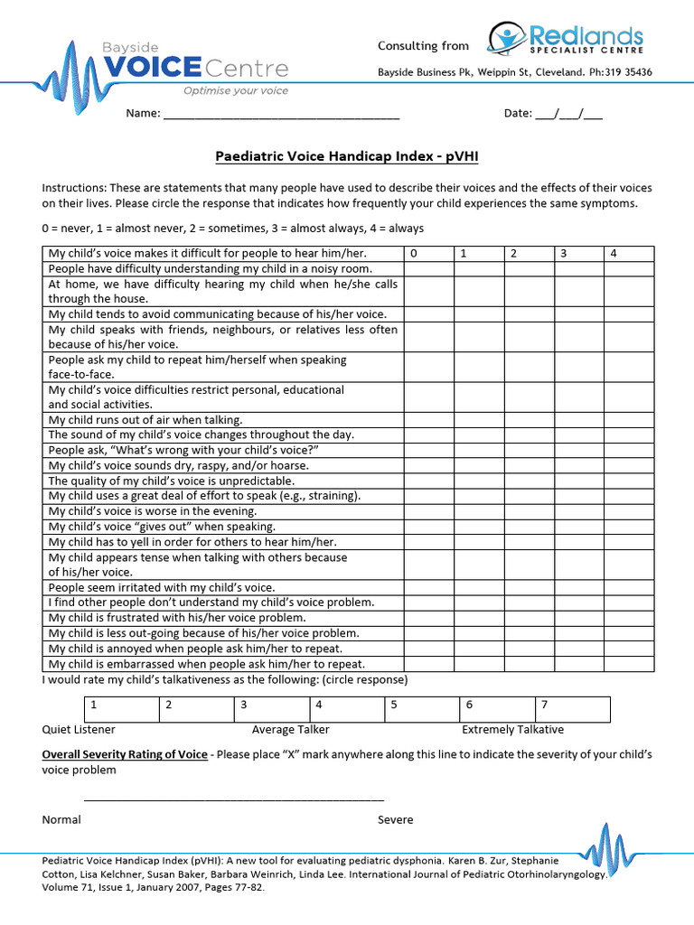 BVC Paed Voice Handicap Index Formonly | PDF | Medical Specialties ...