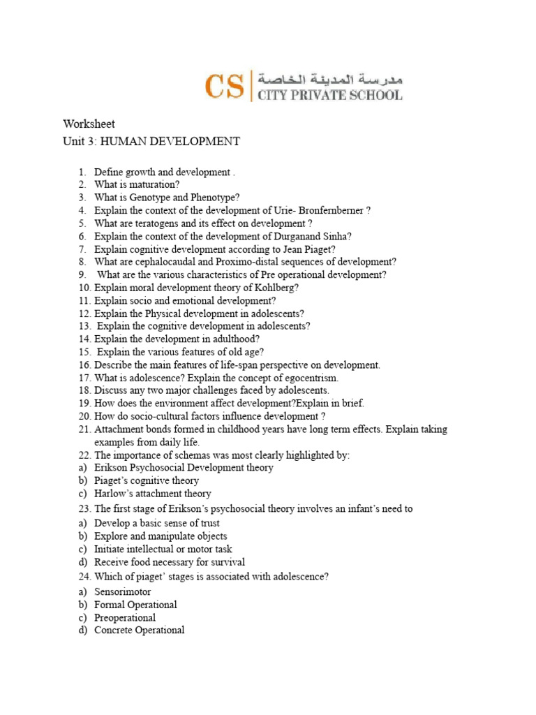 Human Development Concepts Worksheet | PDF