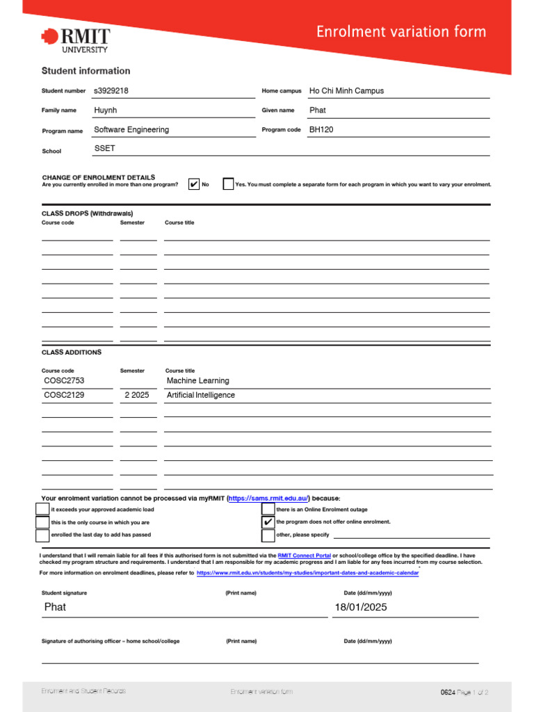 Enrolment Variation Form | PDF | Vocational Education | Academia