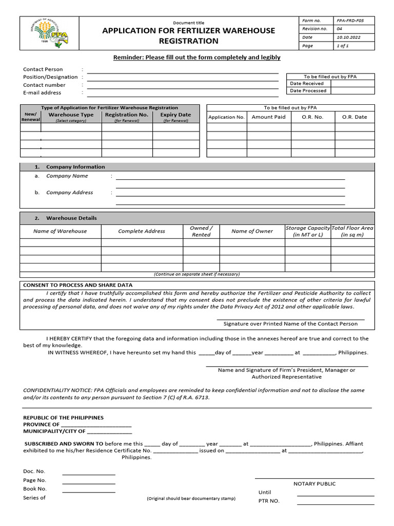 FPA FRD F05 Application For Fertilizer Warehouse Registration | PDF