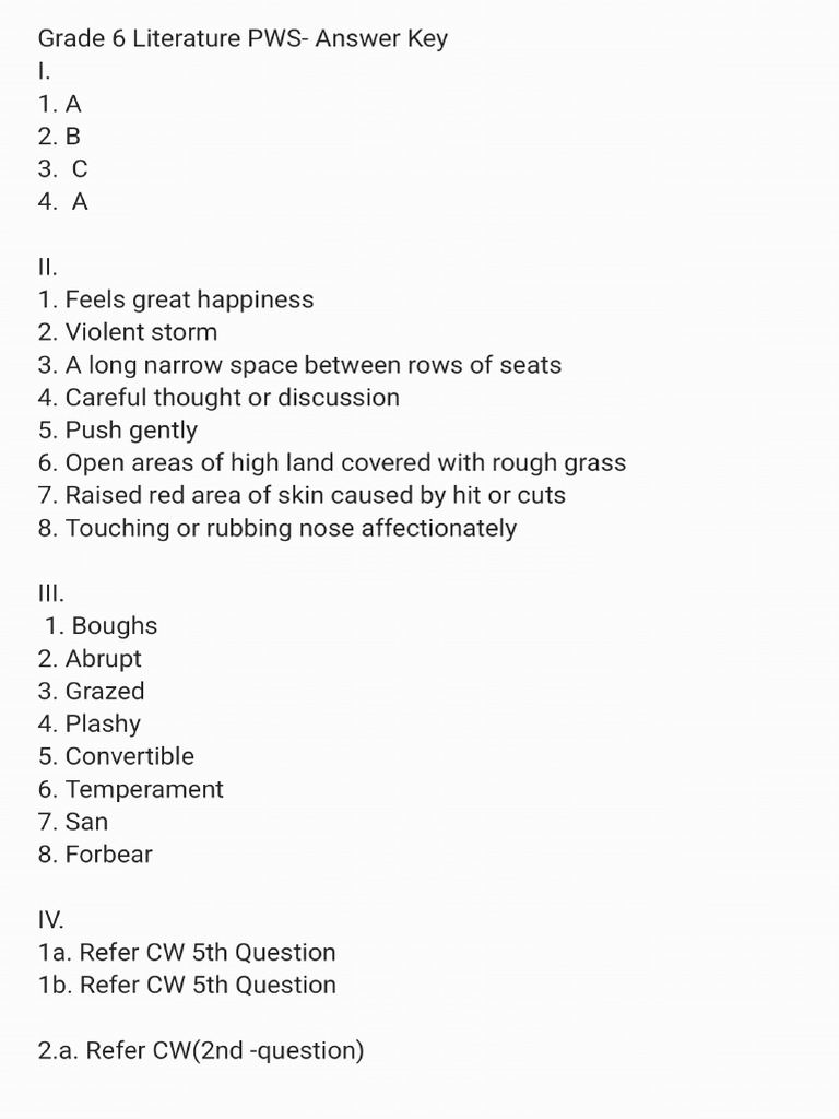 Grade 6 Literature PWS Answer Key - 250124 - 201711 | PDF