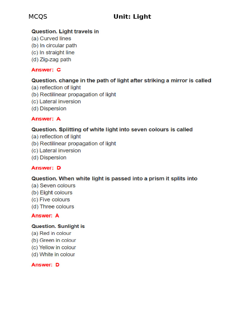 Unit Light MCQS | PDF
