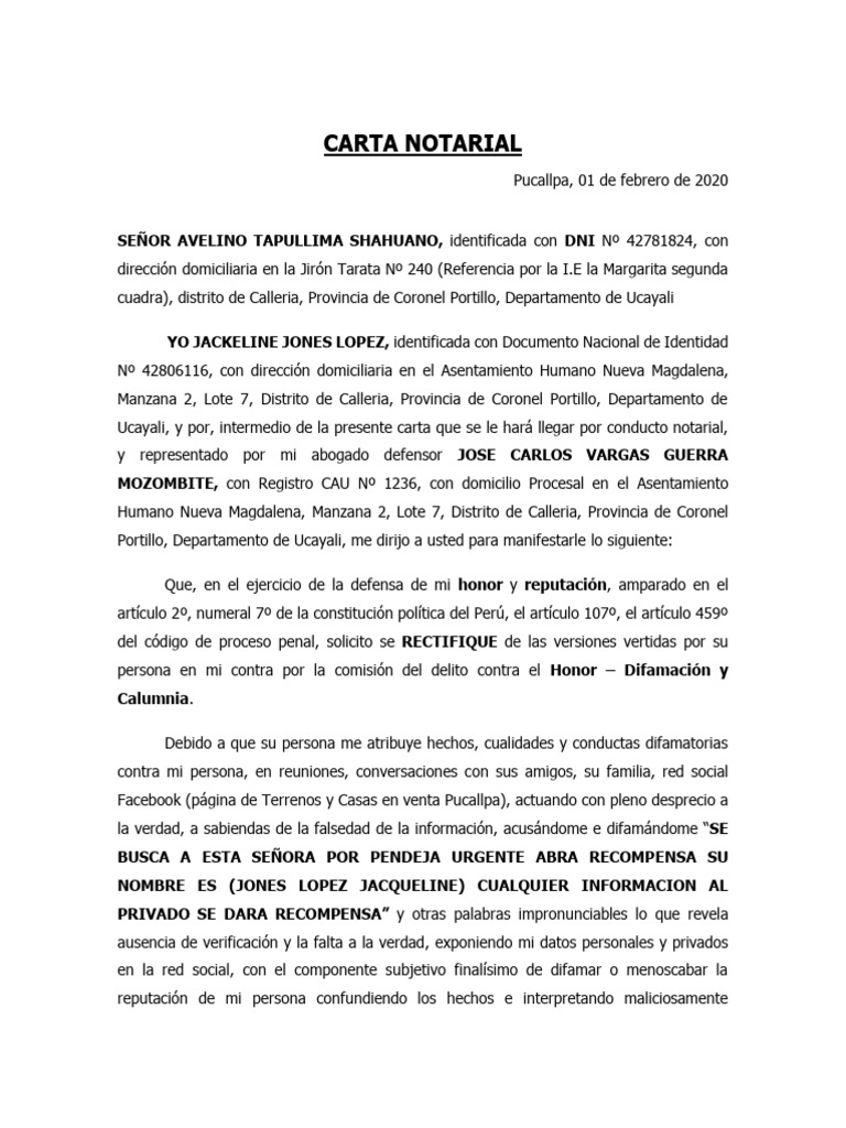 Carta Notarial Por Difamacion | PDF | Castigos | Justicia