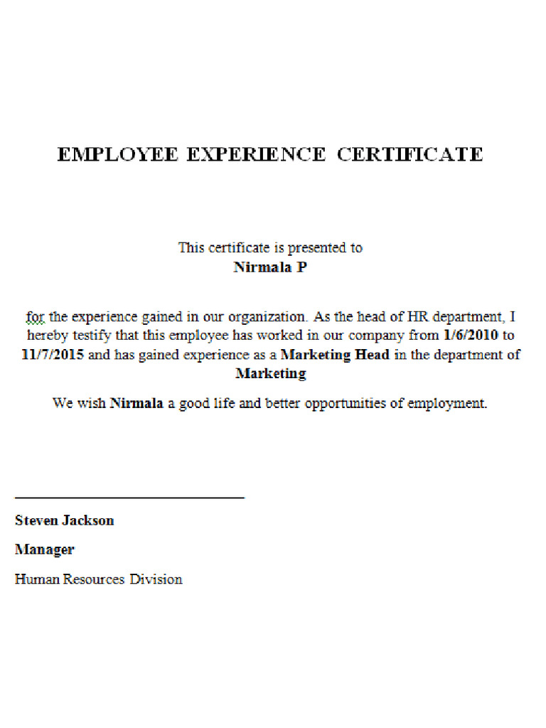Experience Certificate Sample 1 | PDF