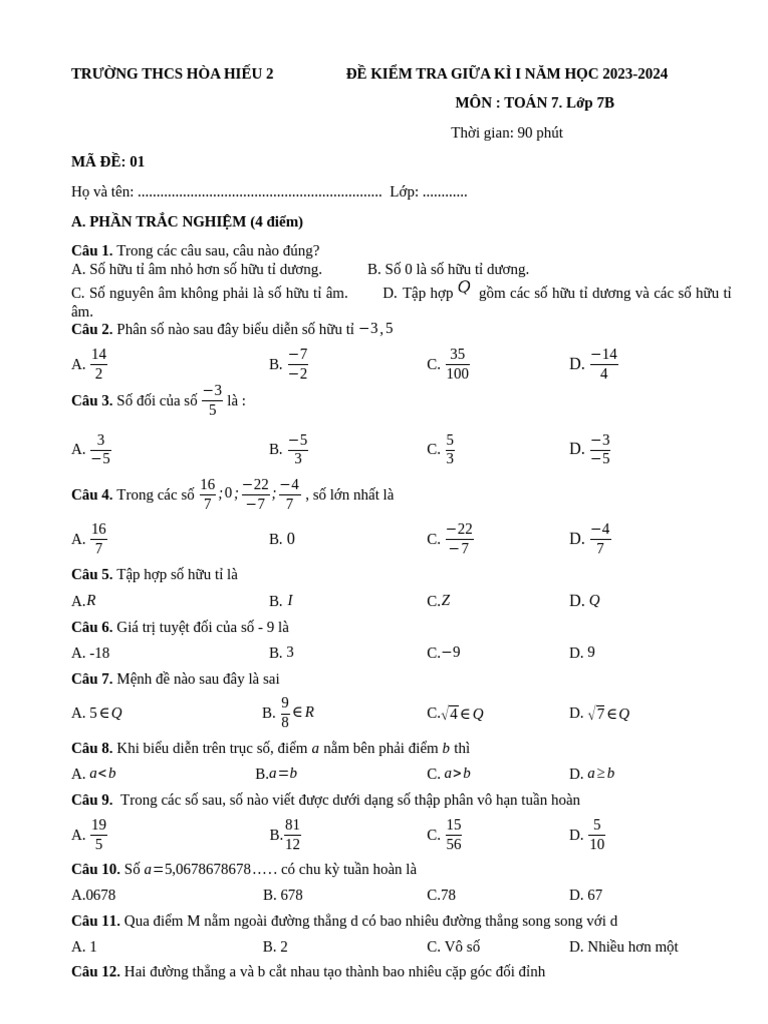 Đề Ktra 7 B | PDF