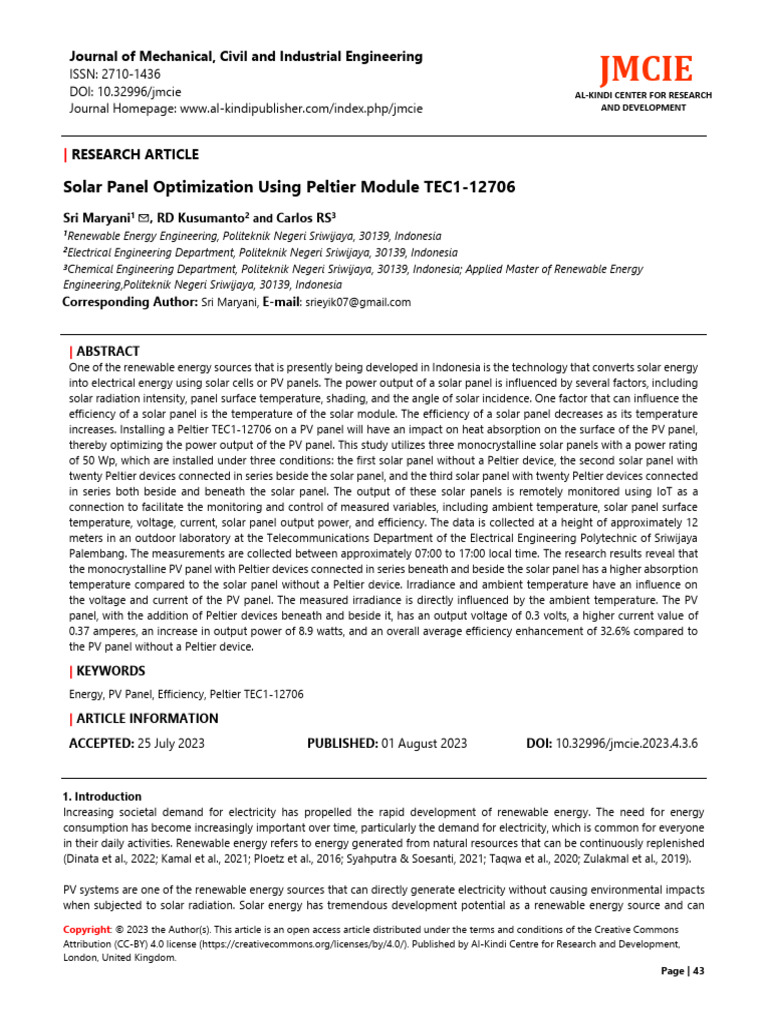 Paper+6+ (2023 4 1) +Solar+Panel+Optimization+Using+Peltier+Module+TEC1-12706 | PDF ...
