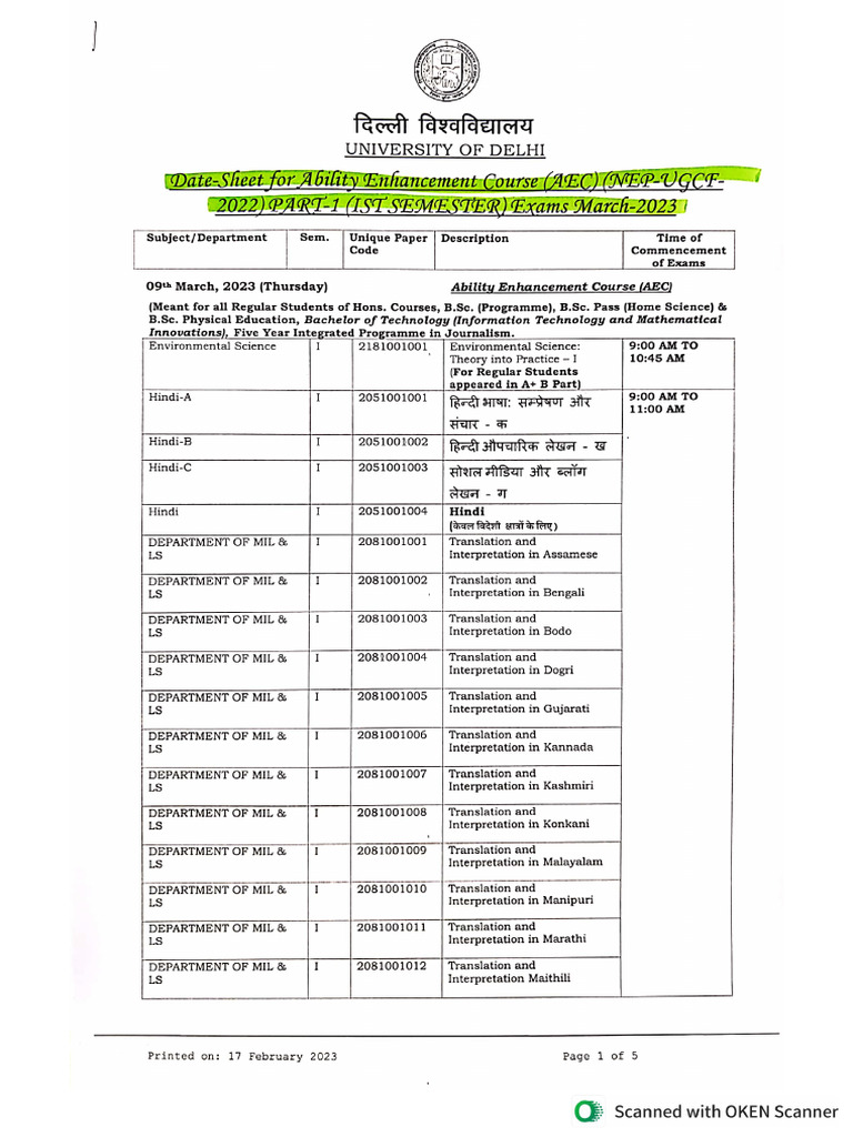 Date Sheet AEC Sem I | PDF