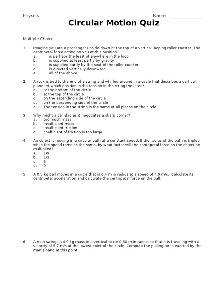 Circular Motion Quiz for Physics Students | PDF