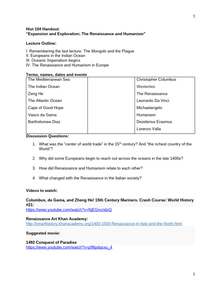 Hist 104 Lecture 2 LMS Handout Expansion Exploration Renaissance ...