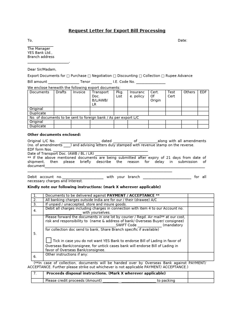 Request Letter For Export Bill Processing | PDF | Legal Liability | Indemnity
