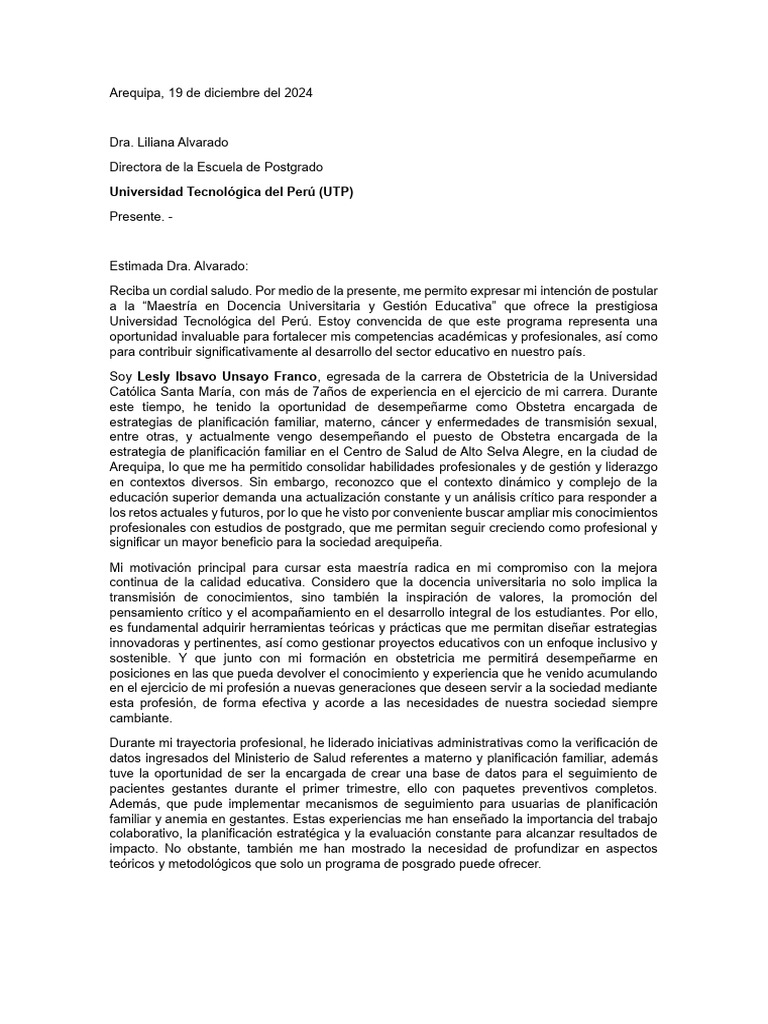 Carta de Presentación -Maestría en docencia - Lesly Ibsavo Unsayo Franco | PDF | Partería ...