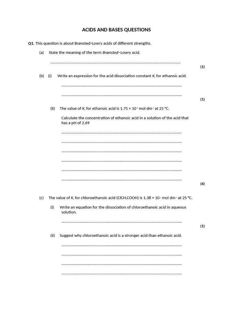 Acids and Bases Exam Questions | PDF | Acid | Ph