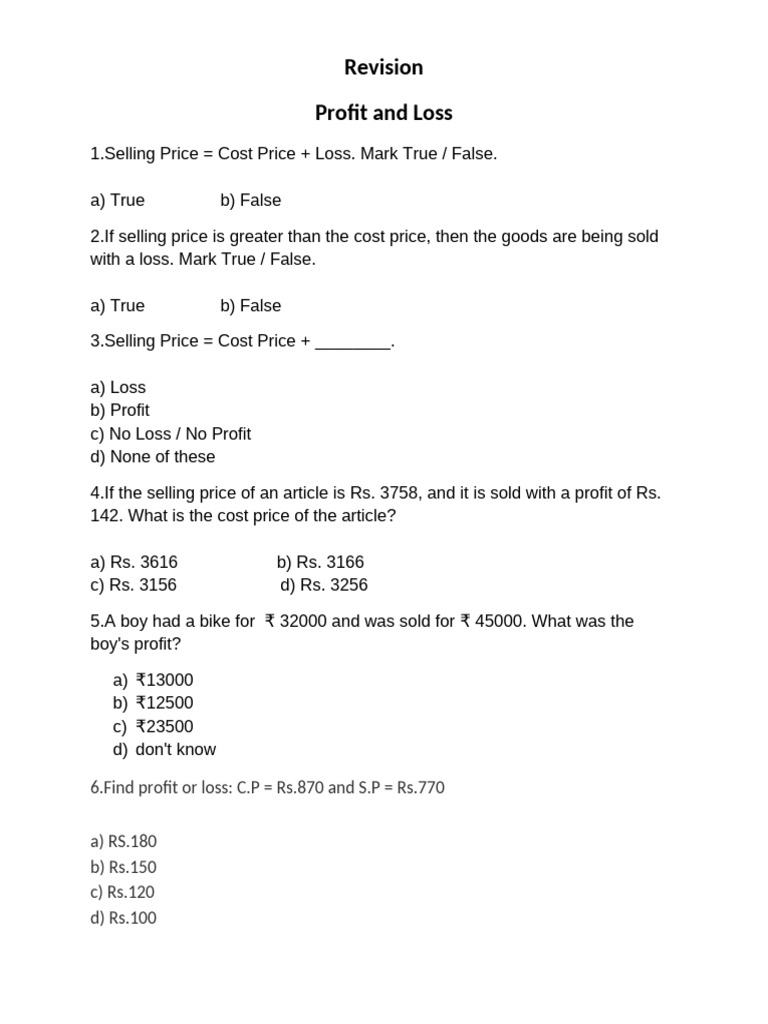 Revision Worksheet - Profit and Loss | PDF