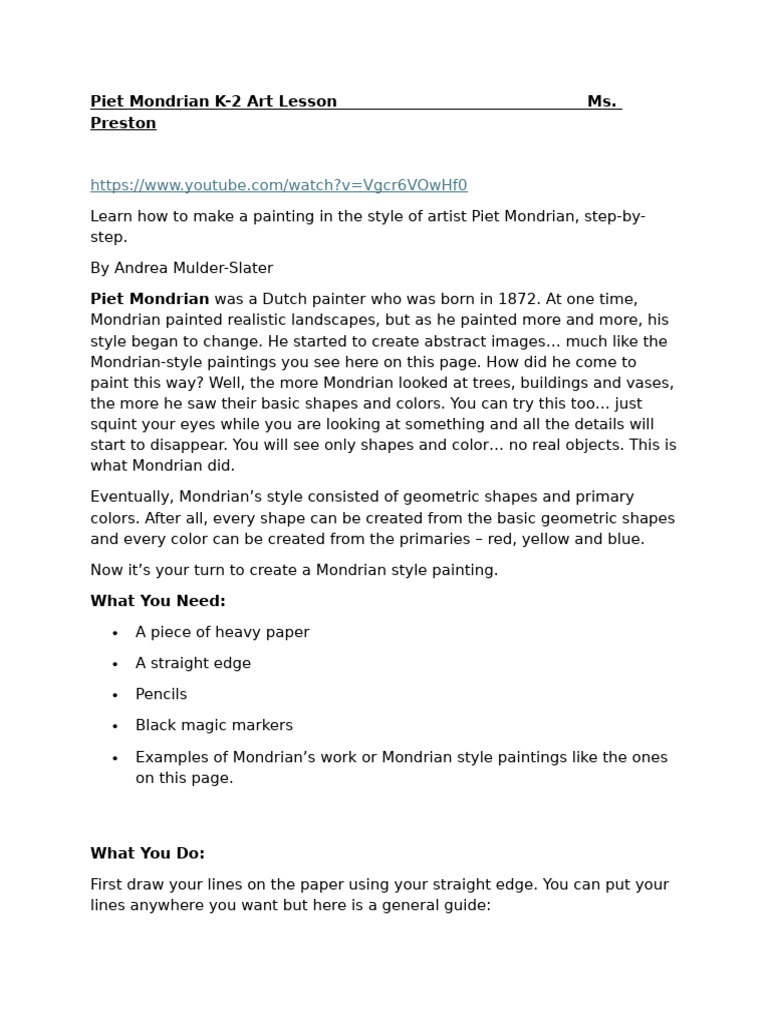 Mondrian Art Lesson for Kids K-2 | PDF