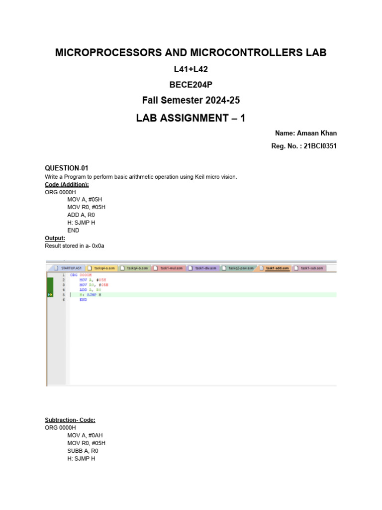 MICROPROCESSORS AND MICROCONTROLLERS LAB 1 21bci0351 Amaan Khan | PDF | Classes Of Computers ...