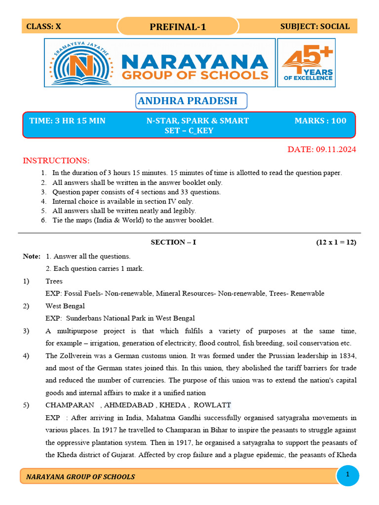 AP X-SSC Social Prefinal-1 Set-C Key | PDF | Mahatma Gandhi | Economies