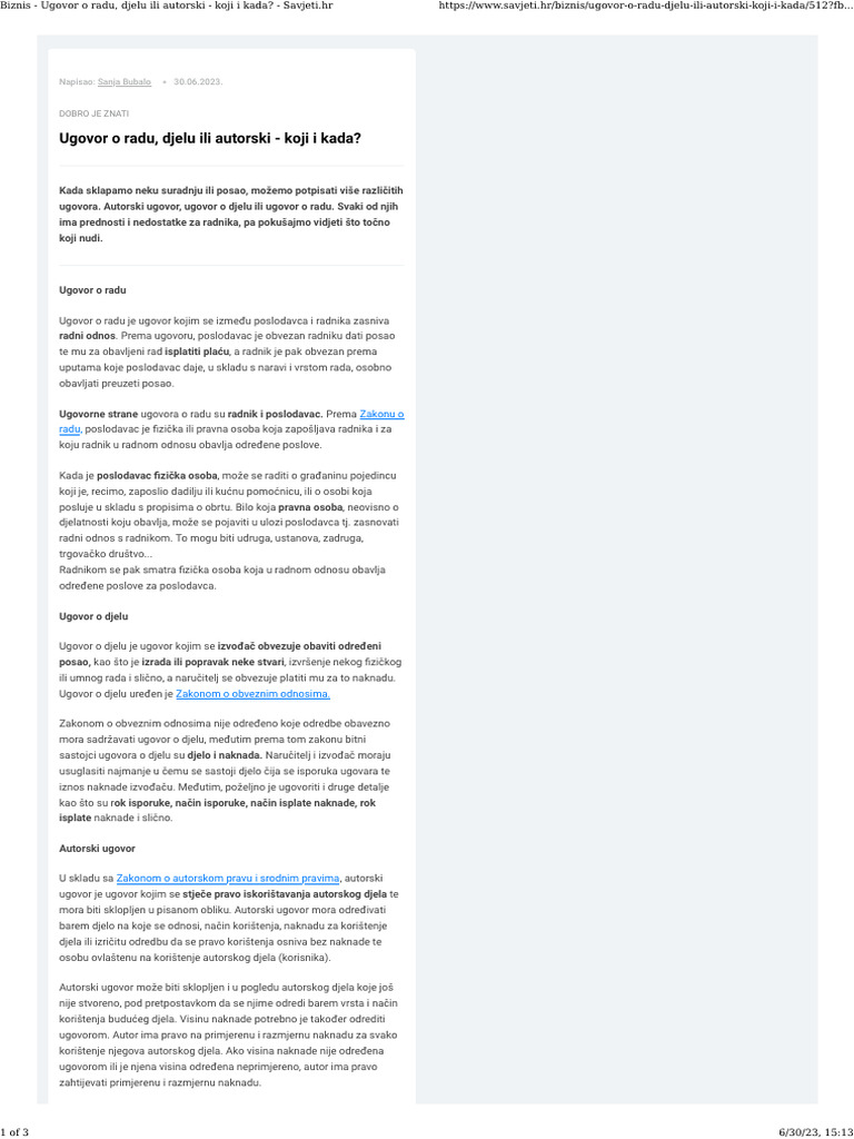 Ugovor o Radu, Djelu Ili Autorski - Koji I Kada Se Koristi | PDF