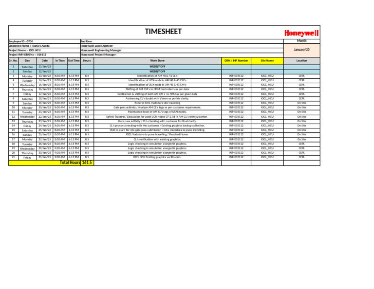 Timesheet January 2025 Rahul Chadda | PDF