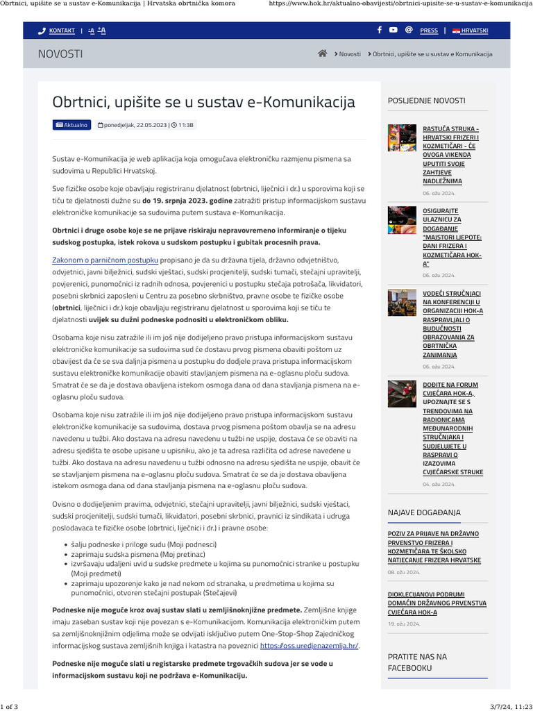 Obrtnici Upišite Se U Sustav E-Komunikacija | PDF