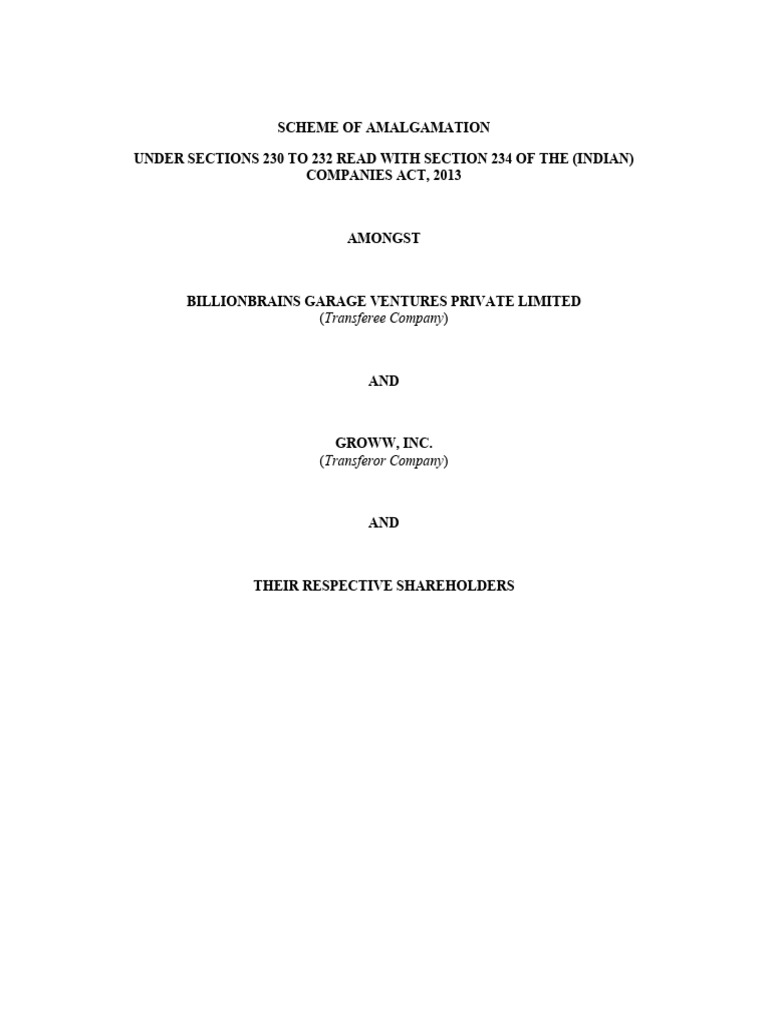 Amalgamation Scheme: Billionbrains & Groww | PDF | Stocks | Delaware General Corporation Law