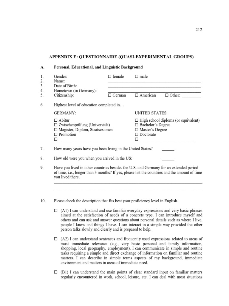 Appendix E: Questionnaire (Quasi-Experimental Groups) : A. Personal, Educational, and Linguistic ...
