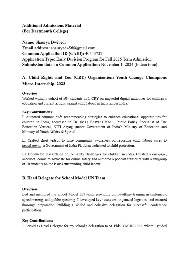 Dartmouth Early Decision Application 2025 | PDF