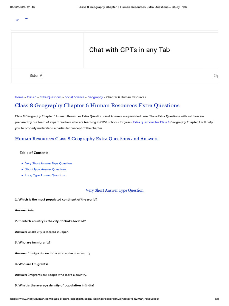 Class 8 Geography Chapter 6 Human Resources Extra Questions - Study ...