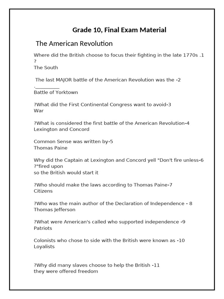 Grade 10 American Revolution Exam Guide | PDF | American Revolution | Constitutional Convention ...