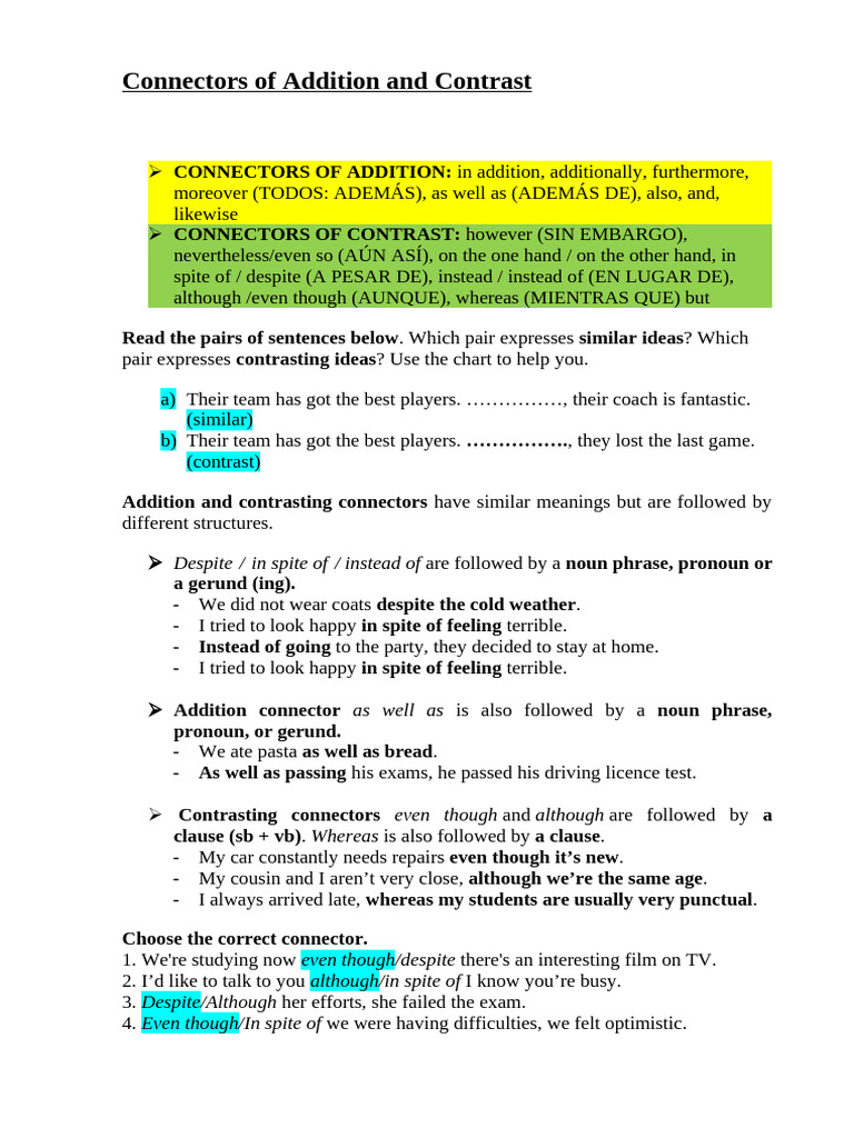 Connectors of Addition and Contrast Key | PDF | Semantics | Syntax