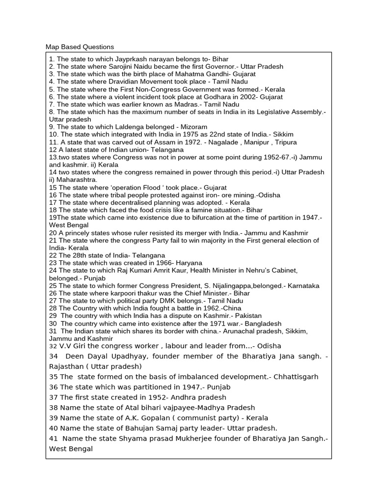 MAP BASED QUESTION | PDF | Indian National Congress | Politics Of India