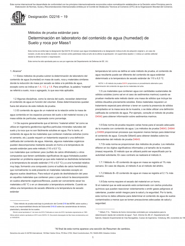 Norma Astm d2216-19 Español Escogen | PDF | Agua | Yeso