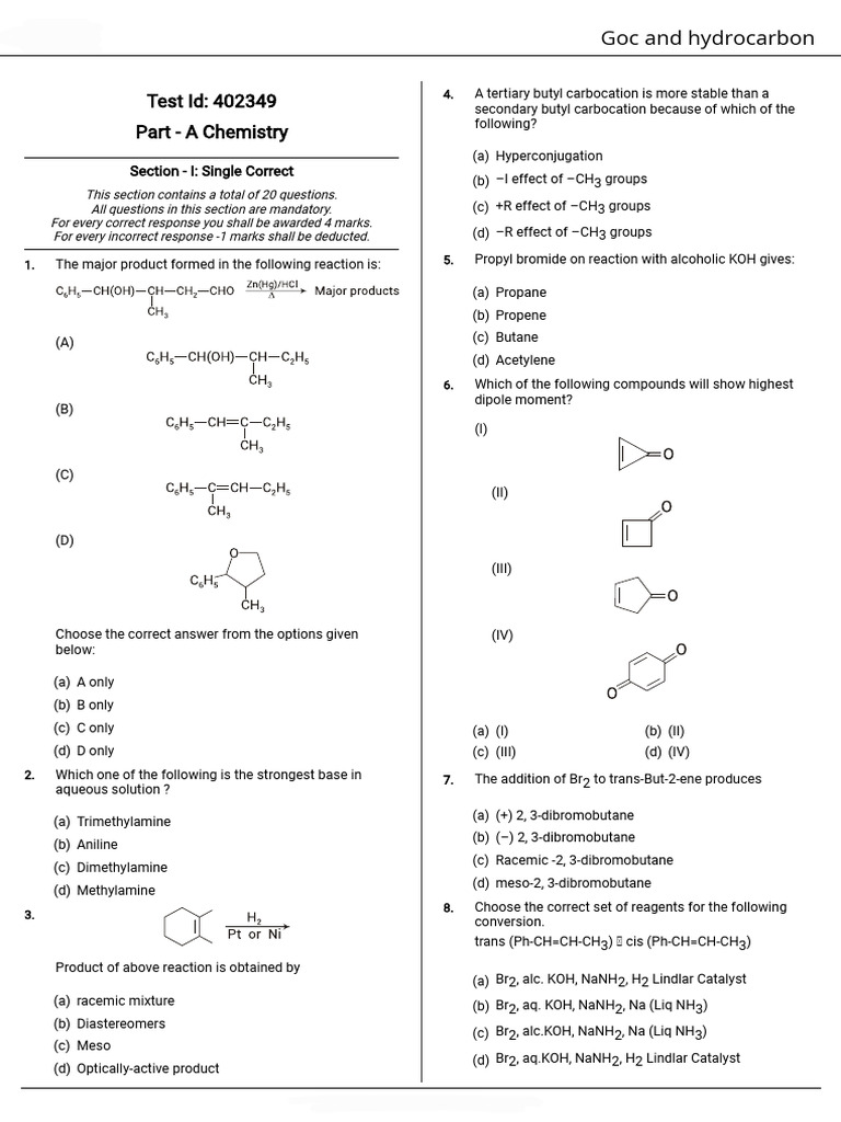 Chemistry Test Questions and Answers | PDF | Carboxylic Acid | Alkene