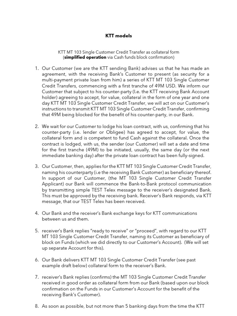 KTT MT 103 Single Customer Credit Transfer As Collateral Form (Via Cash Funds Block Confirmation ...