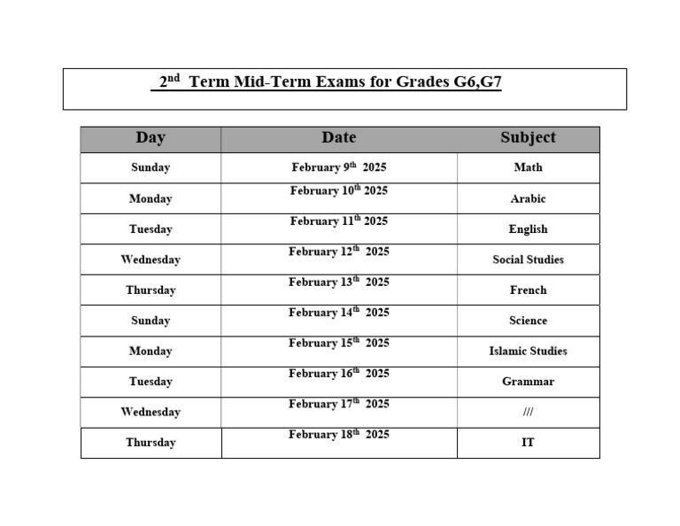 G6-G7 2nd Term Mid-Term Exam Schedule | PDF