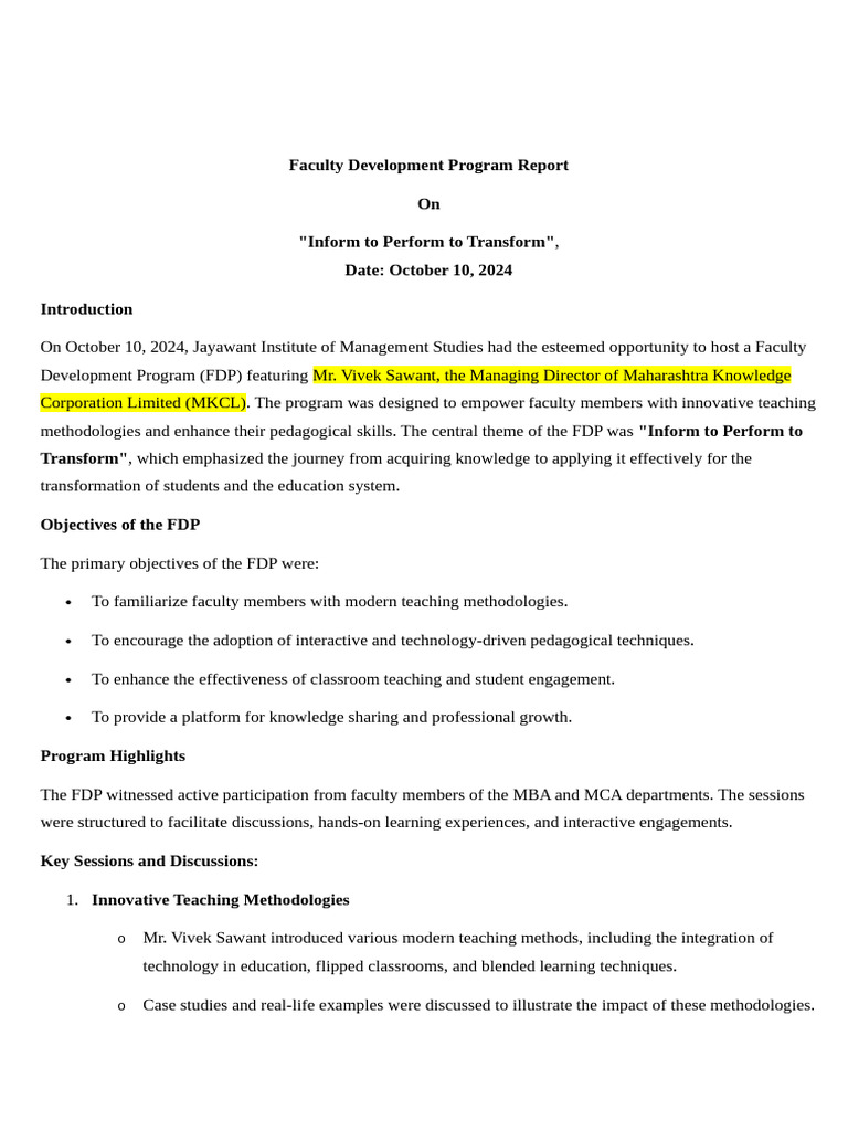 FDP Was Inform To Perform To Transform | PDF | Methodology | Learning