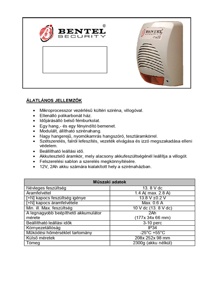 Bentel Call Hang És Fényjelző Magyar | PDF