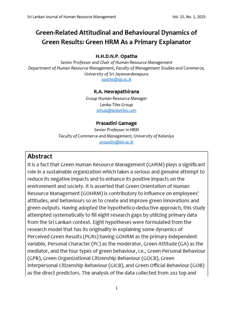 Green HRM Dynamics in Sri Lanka | PDF | Attitude (Psychology) | Hypothesis