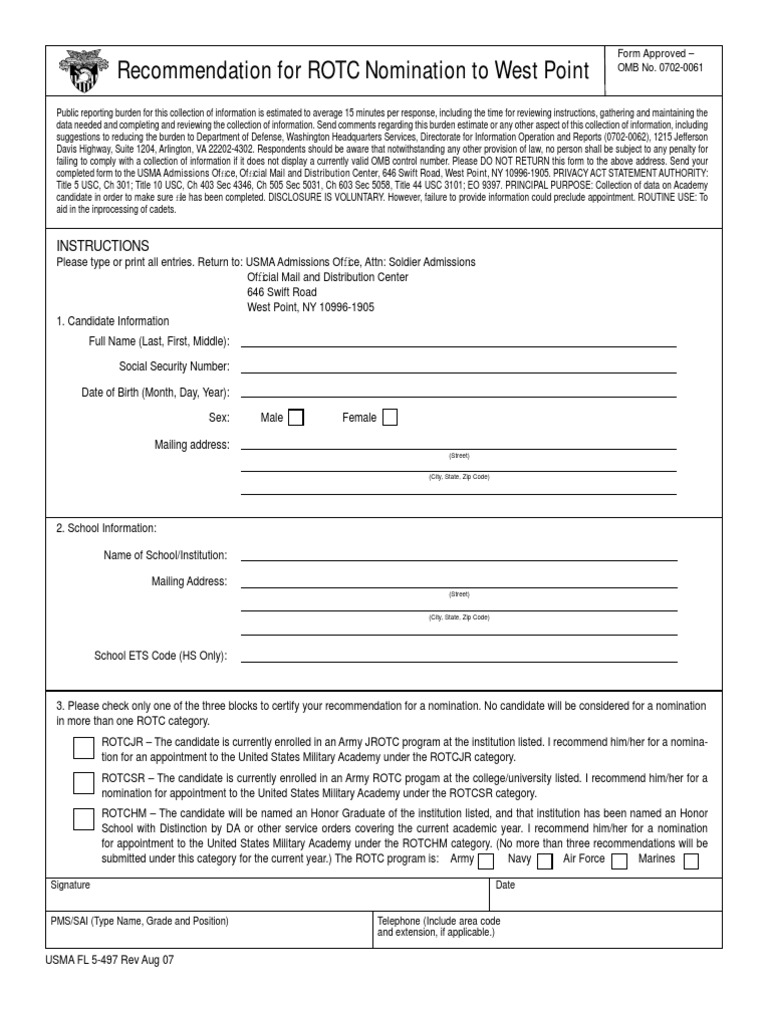 ROTC Nomination Form 5-497 | United States Military Academy | Act (Test)